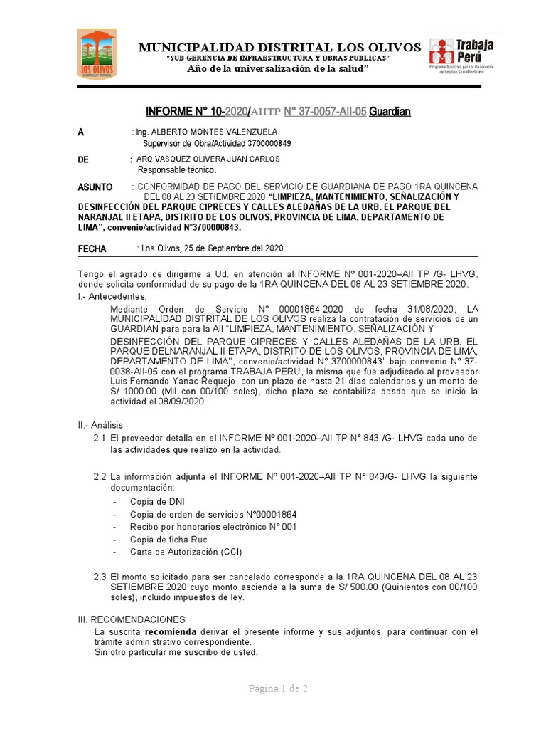 10 Informe Conformidad de Pago Guardiana | PDF