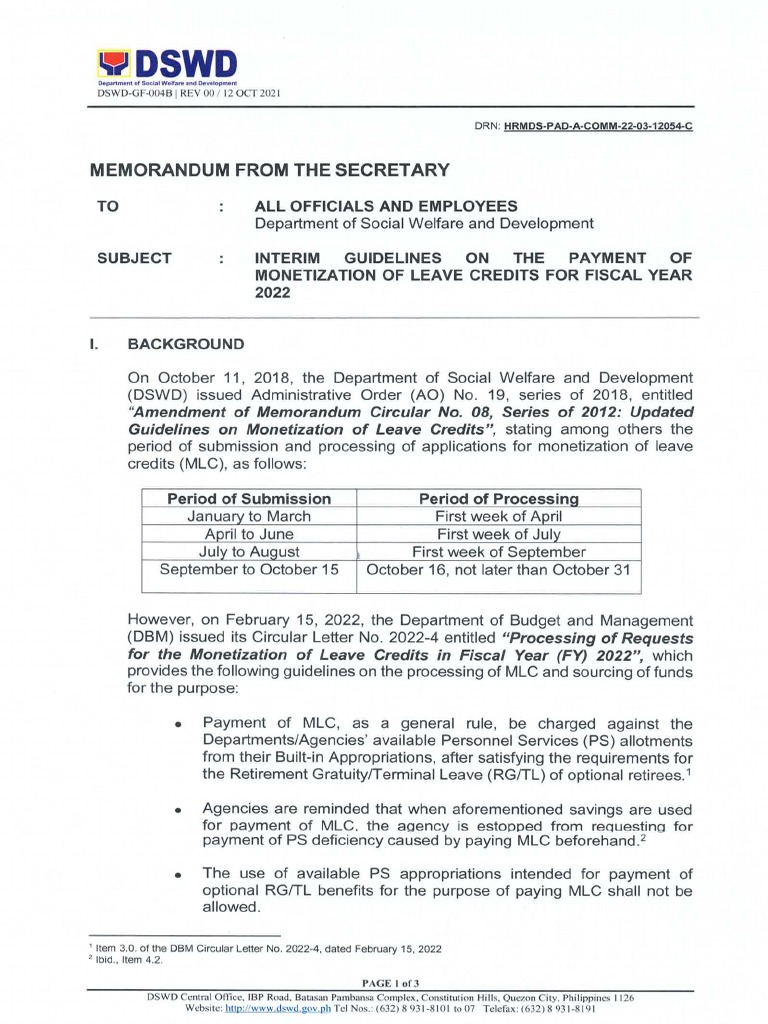 Interim Guidelines On The Payment of Monetization of Leave Credits For Fiscal Year 2022 | PDF