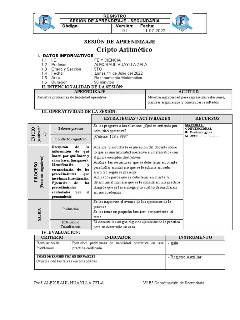 5TO-SESIÓN-RM-CRIPTOARITMETICA | PDF | Aprendizaje | Evaluación
