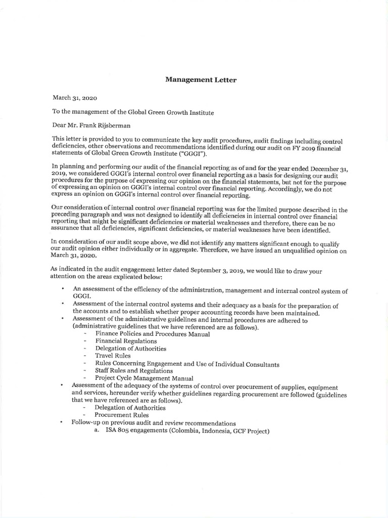 PWC 2019 GGGI Management Letter | PDF