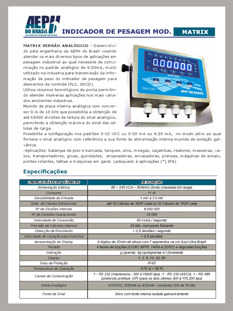 Folheto técnico do indicador de pesagem analógico MATRIX da AEPH do ...