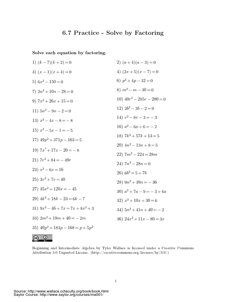 6.7 Solve by Factoring Practice | PDF