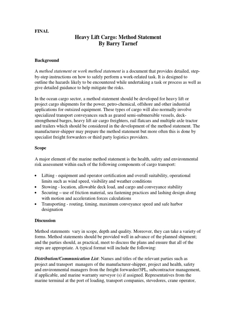 Full Version Method Statements Tarnef FINAL | PDF | Cargo | Transport