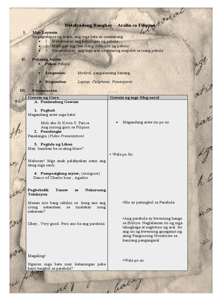 Detalyadong Banghay Aralin Patungkol Sa Pabula | PDF