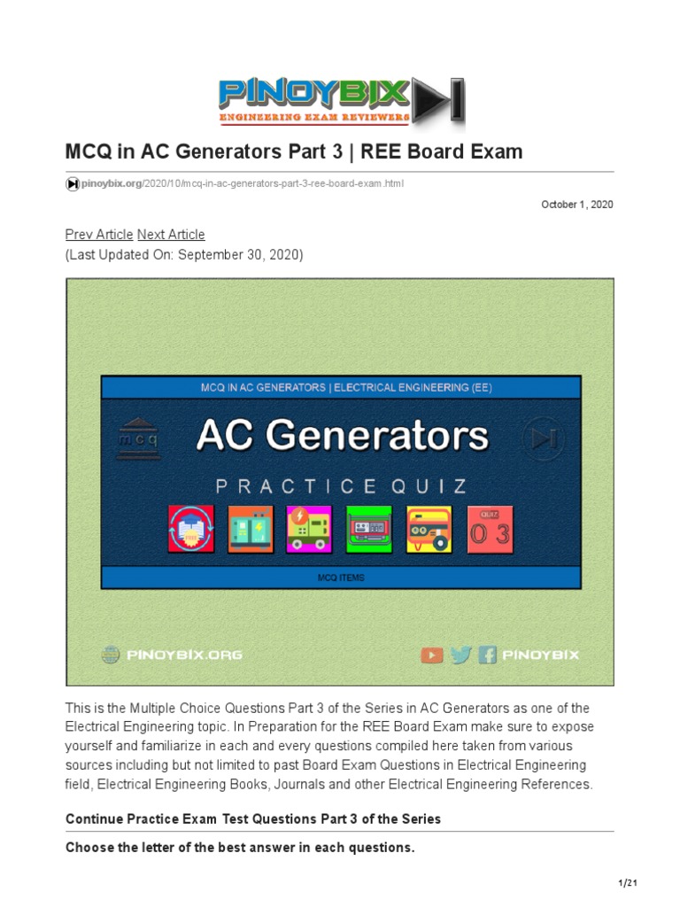 MCQ in AC Generators Part 3 REE Board Exam | PDF | Electrical ...