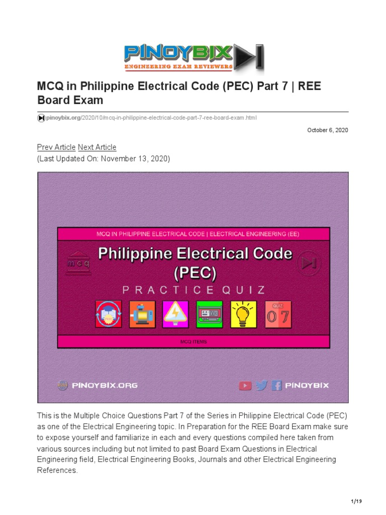 MCQ in Philippine Electrical Code PEC Part 7 REE Board Exam | PDF | Multiple Choice | Electrical ...