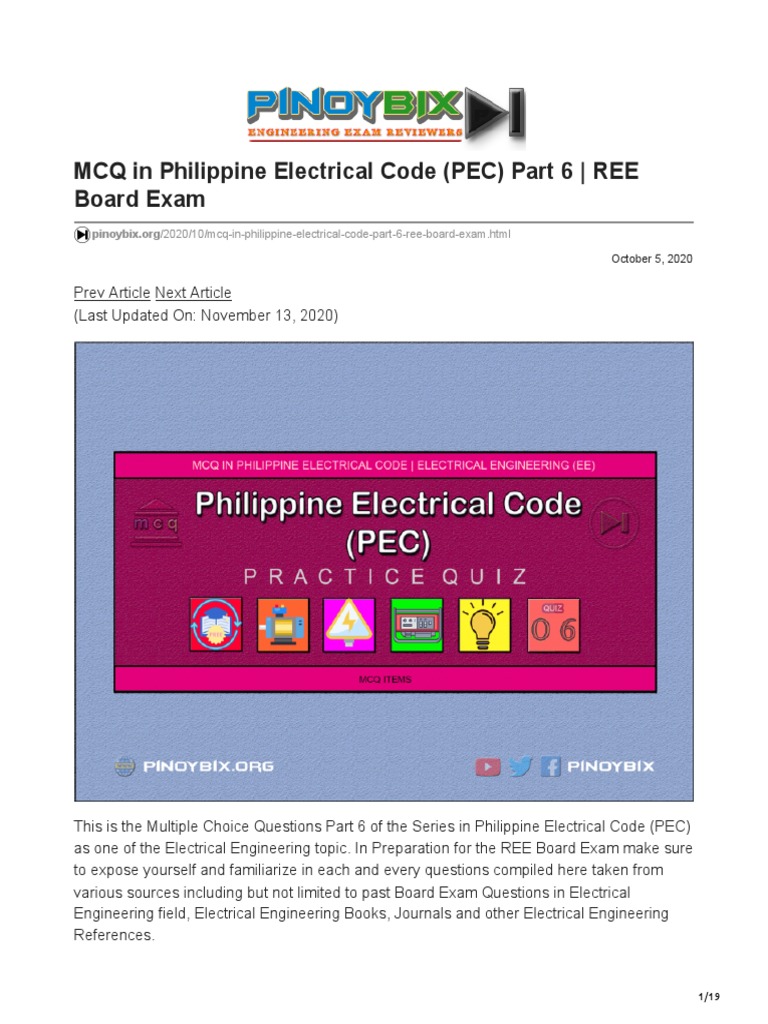 MCQ in Philippine Electrical Code PEC Part 6 REE Board Exam | PDF ...
