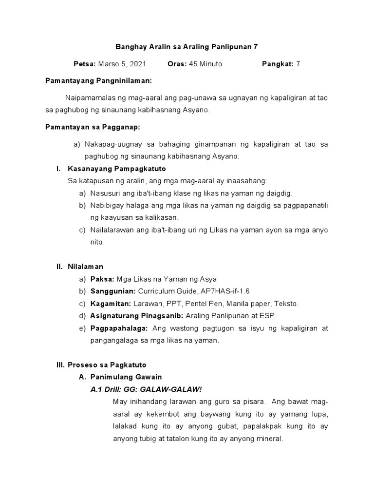 LESSON PLAN - Araling Panlipunan 7 | PDF