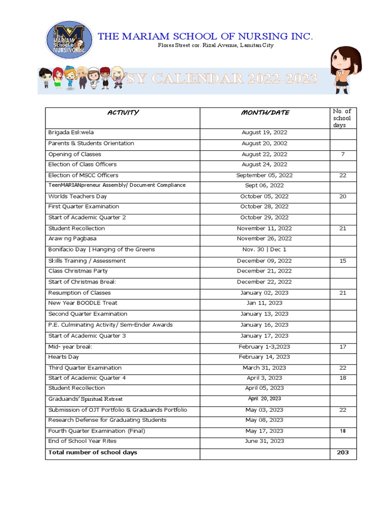 Mariam School Nursing Calendar 2022-23 | PDF