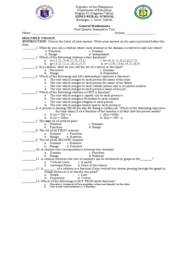 General Mathematics q1 Exam | PDF | Function (Mathematics) | Exponentiation General Mathematics q1 Exam | PDF | Function (Mathematics) | Exponentiation