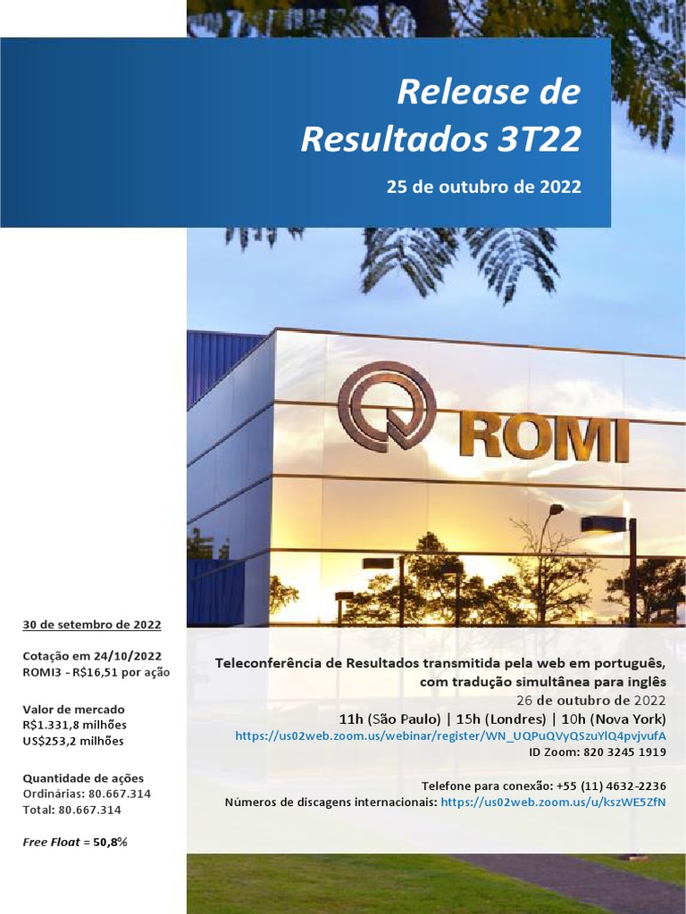 Press Release Do Resultado Das Indústrias Romi Do 3T22 | PDF ...