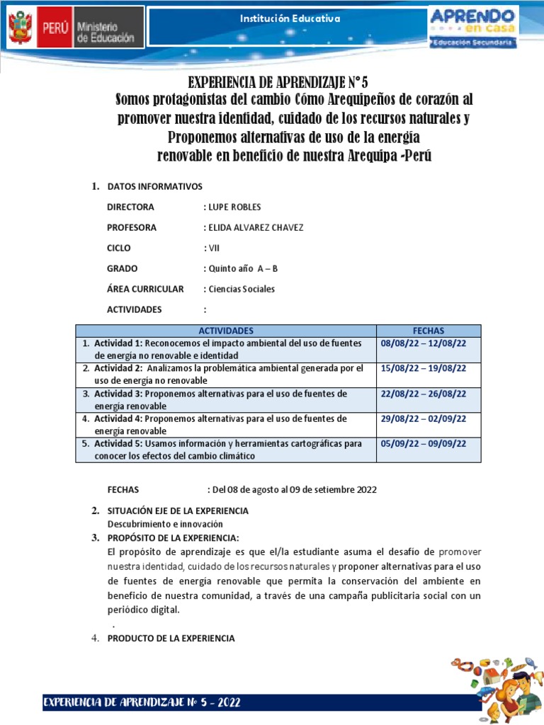 5°EXPERIENCIA DE APRENDIZAJE N 5 para 5° CCSS 2022 | PDF | Energía renovable | Aprendizaje