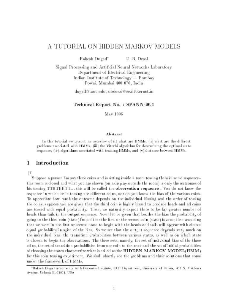 A Tutorial On Hidden Markov Models - Dugad and Desai | PDF | Mathematics | Applied Mathematics