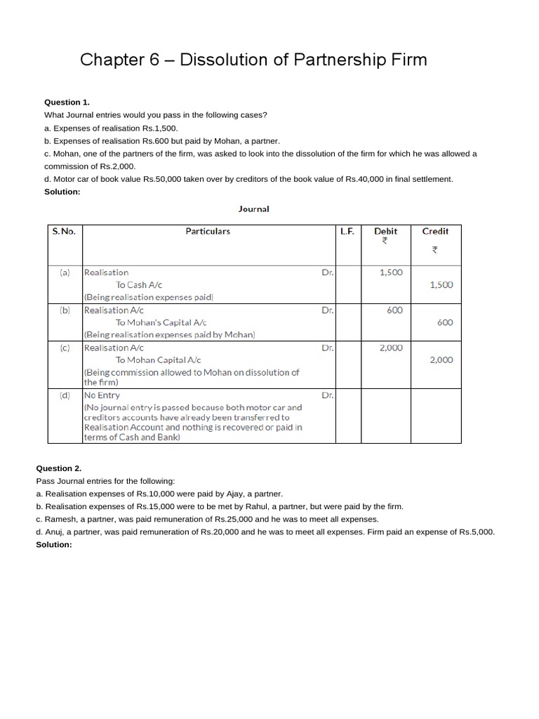 Journal Entries for Partnership Dissolution | PDF | Book Value ...