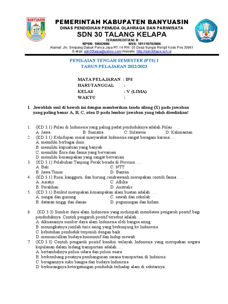 Soal & Jawaban PTS IPS Kelas 5 Semester 1 Tahun 2021 Sinau-Thewe | PDF