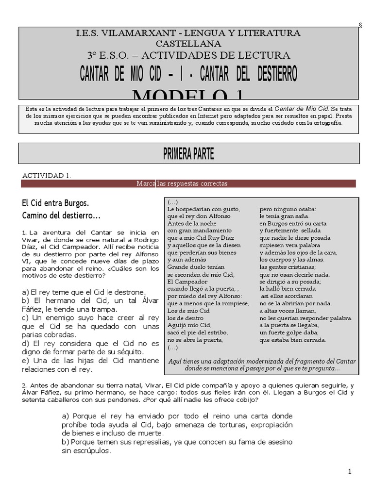 Cantar de Mio Cid - Destierro Modelo 1 | PDF | Verbo | Lengua española