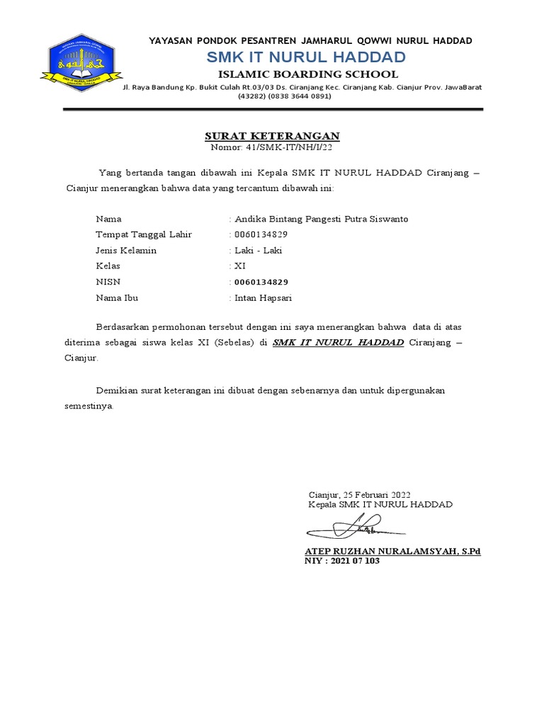 Surat Keterangan Diterima Sekolah | PDF