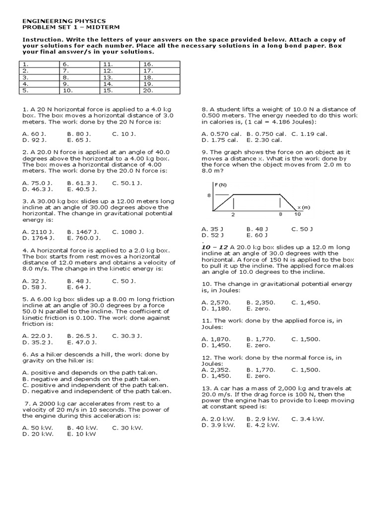 Engineering Physics Midterm Problem Set | PDF | Force | Physical Quantities
