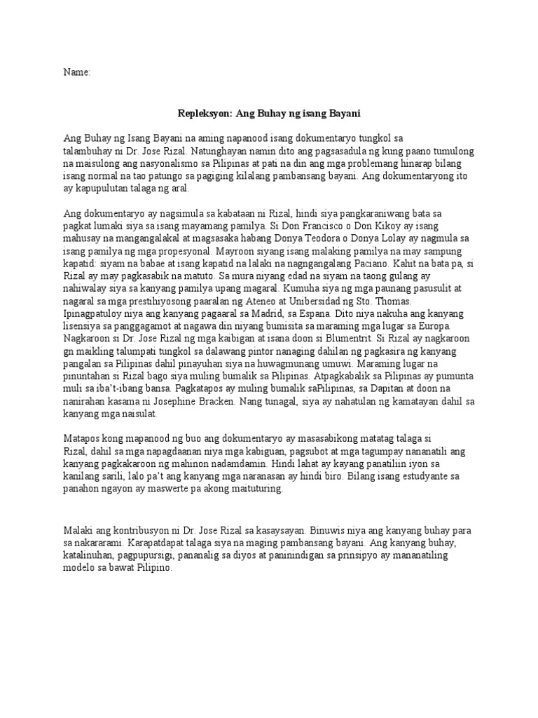 Reflection Paper Ang Buhay NG Isang Bayani | PDF