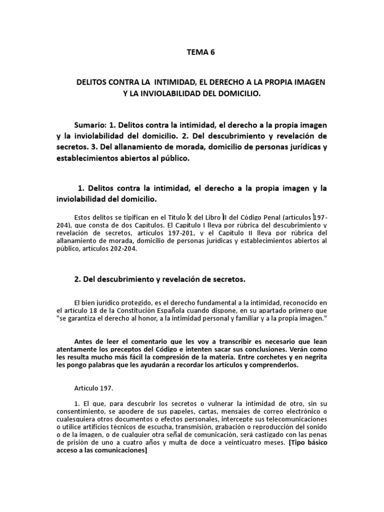 Tema 6 Delitos Contra La Intimidad | PDF | Derecho penal | Ley común
