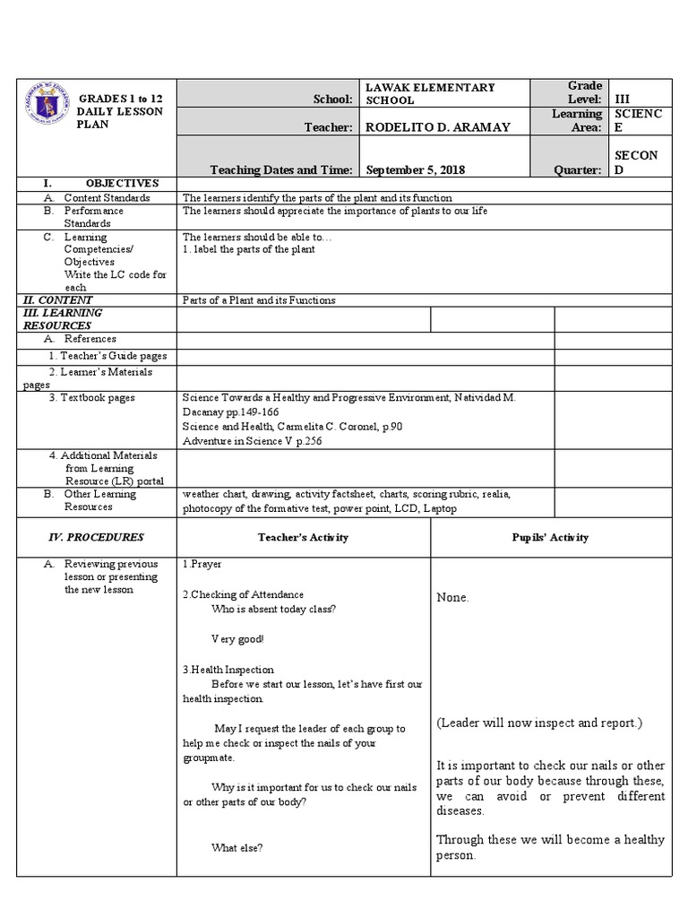 Grade 3 Plant Parts Lesson Plan | PDF | Plants | Flowers