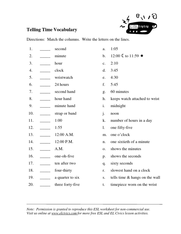 Telling Time Vocabulary Worksheets Telling Time Word Problems