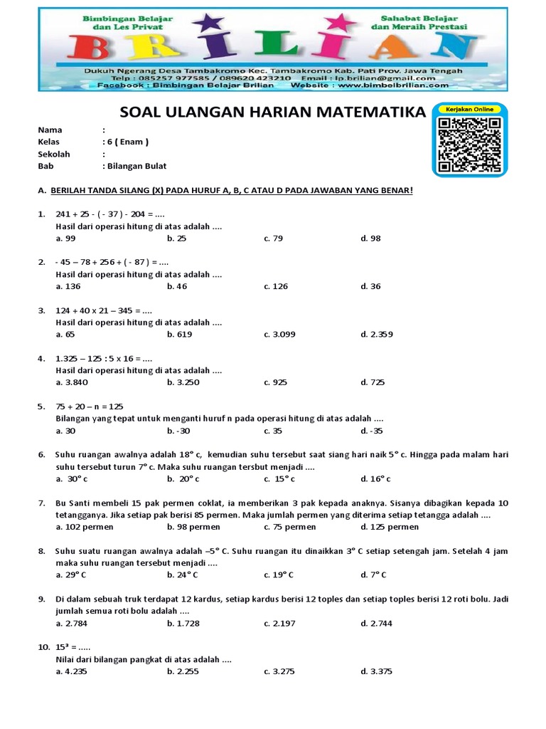 Soal Matematika Kelas 6 SD Bab 1 Bilangan Bulat Dan Kunci Jawaban | PDF