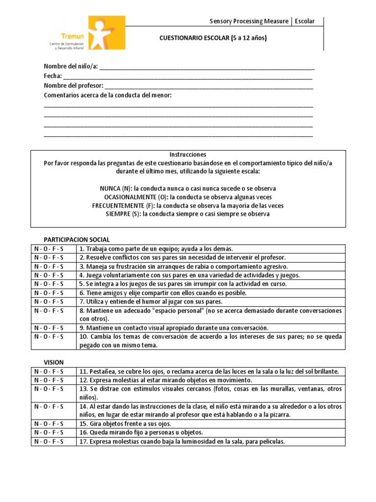 Sensory Processing Measure ESCOLAR 5 - 12 Años | PDF | Comportamiento