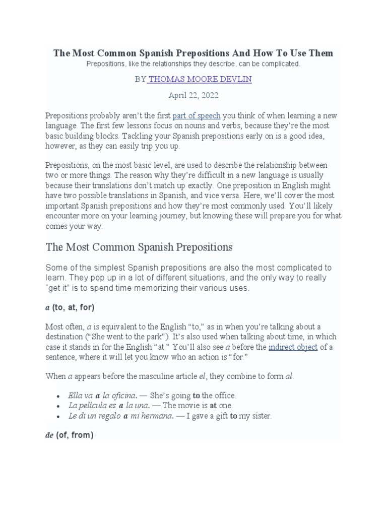 The Most Common Spanish Prepositions and How To Use Them | PDF ...