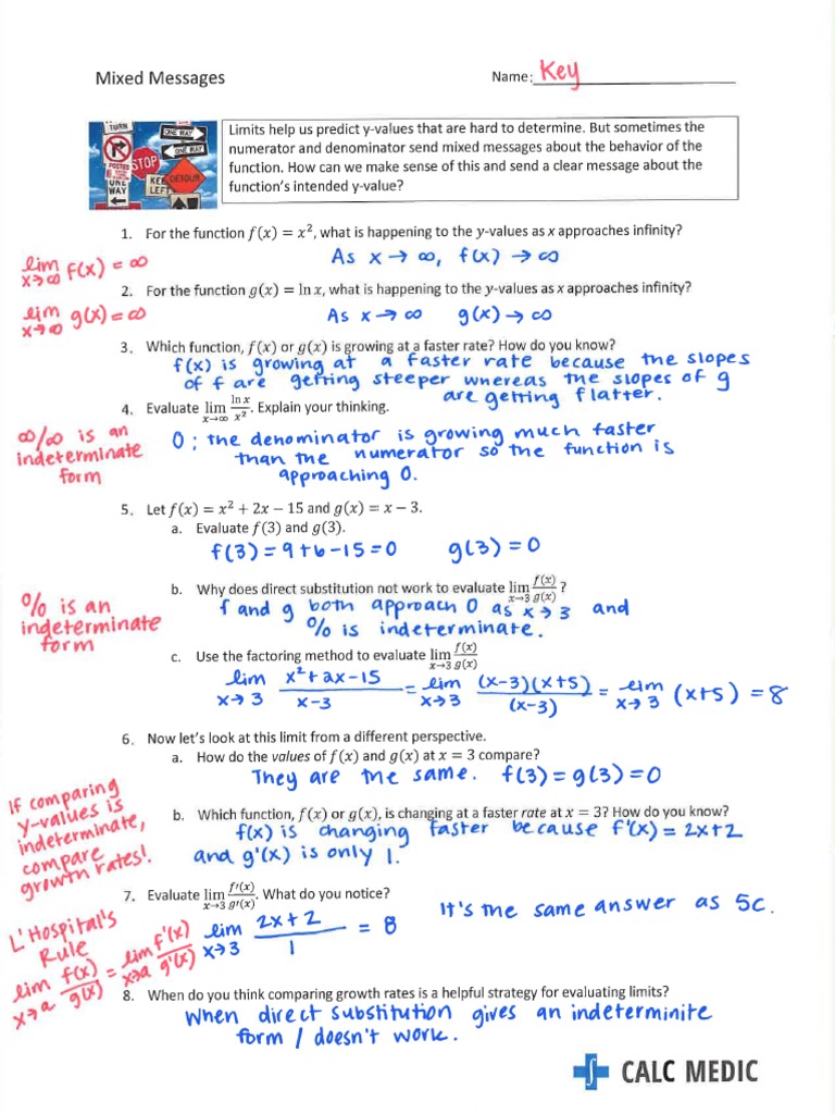 Calc Medic L'hopital's Rule Lesson Answer Key | PDF