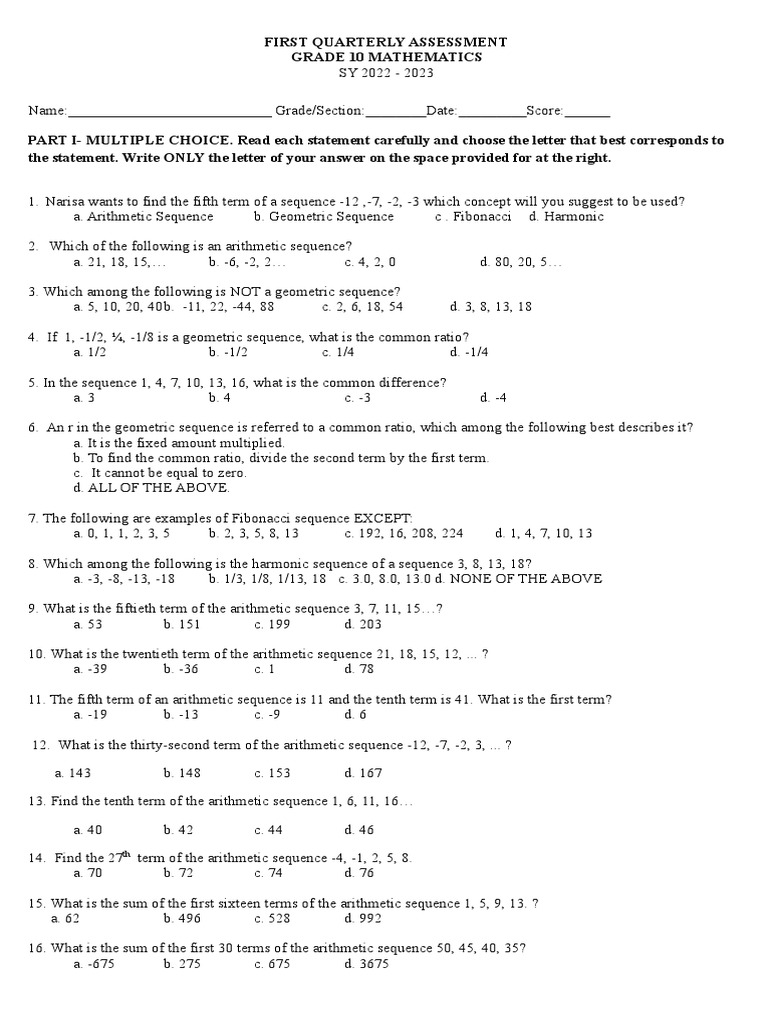 PT Mathematics-10 Q1 | PDF | Ratio | Mathematical Structures