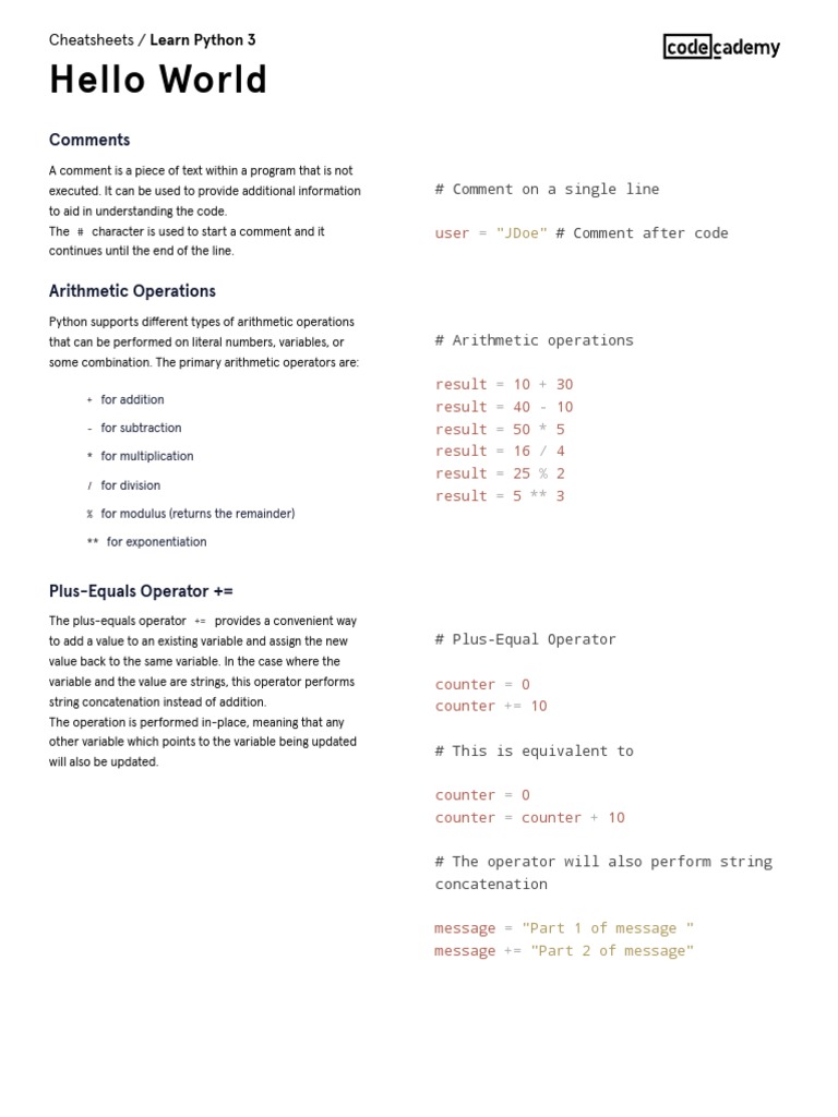 Learn Python 3 Hello World Cheatsheet Codecademy Pdf Parameter Computer Programming 