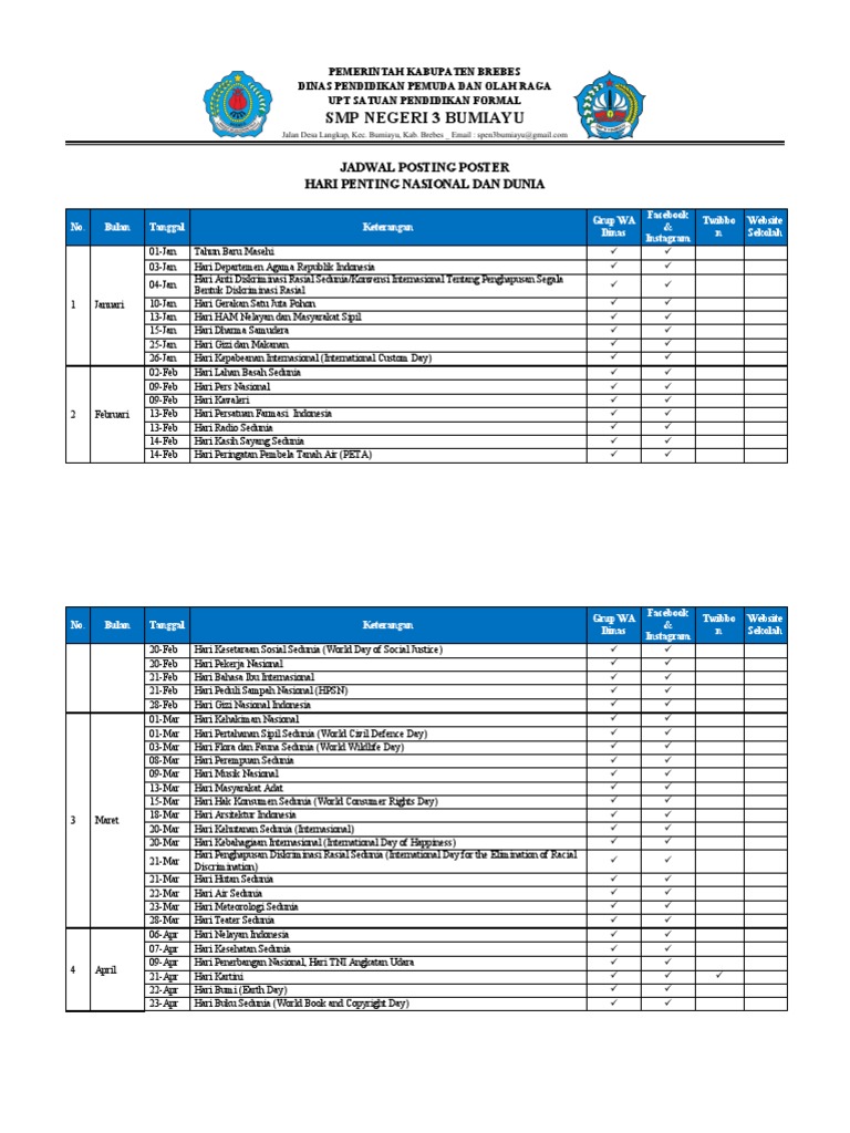 Jadwal Posting Poster Hari Besar Nasional Dan Dunia | PDF