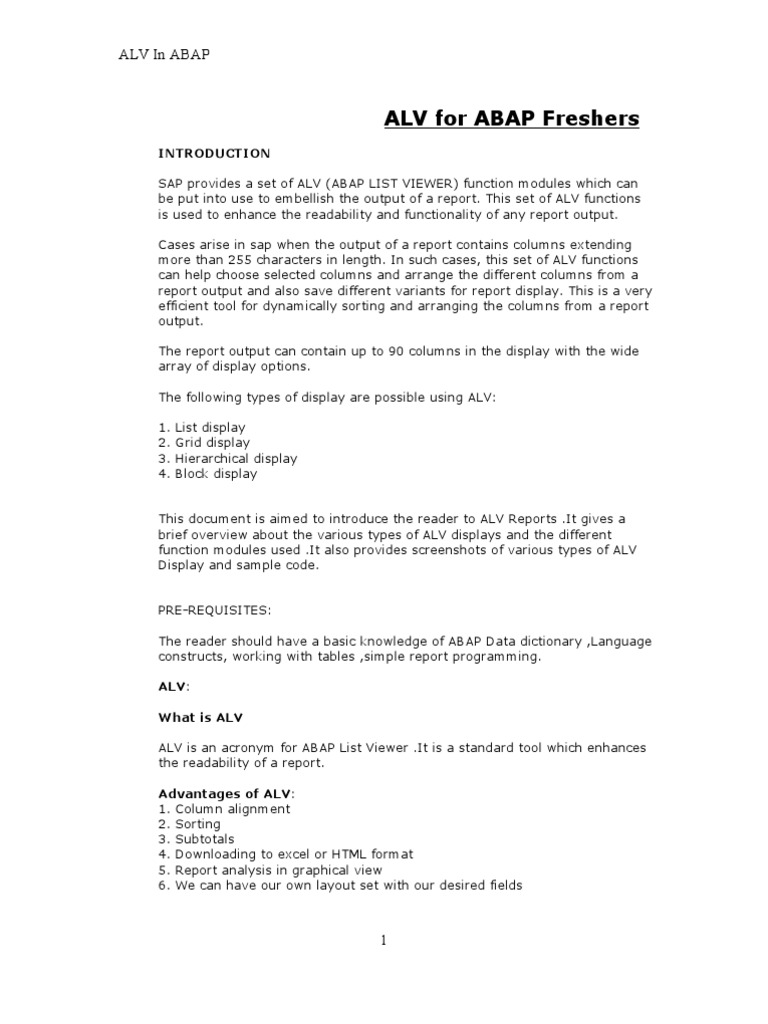 Alv For Freshers Pdf Parameter Computer Programming Subroutine