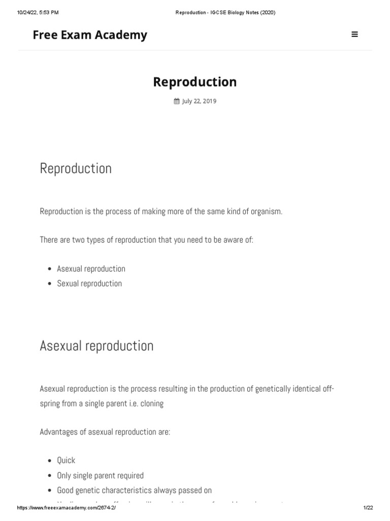 Reproduction - IGCSE Biology Notes (2020) | PDF | Reproduction | Flowers