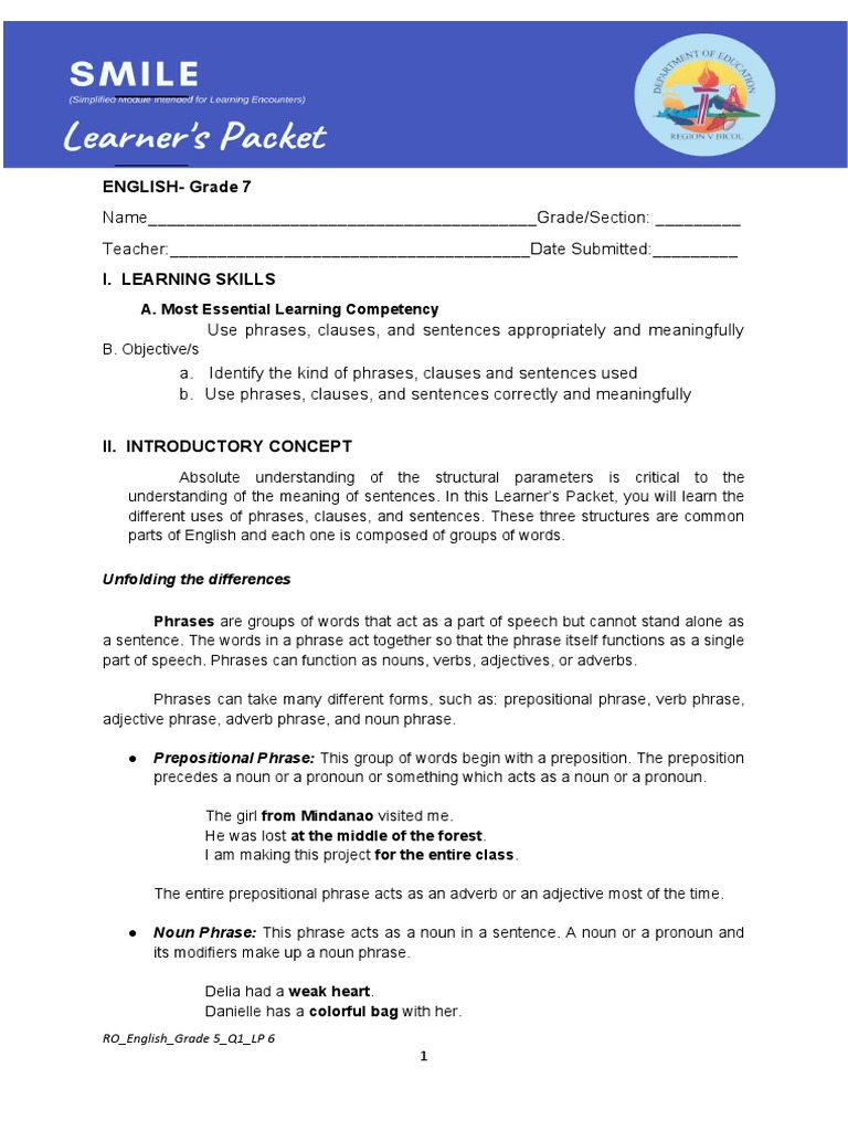 English Grade 7 Q1 LP 6 | PDF | Clause | Subject (Grammar)