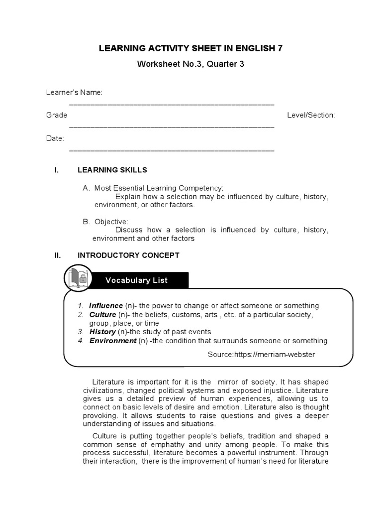 Learning Activity Sheet in English 7: Worksheet No.3, Quarter 3 | PDF