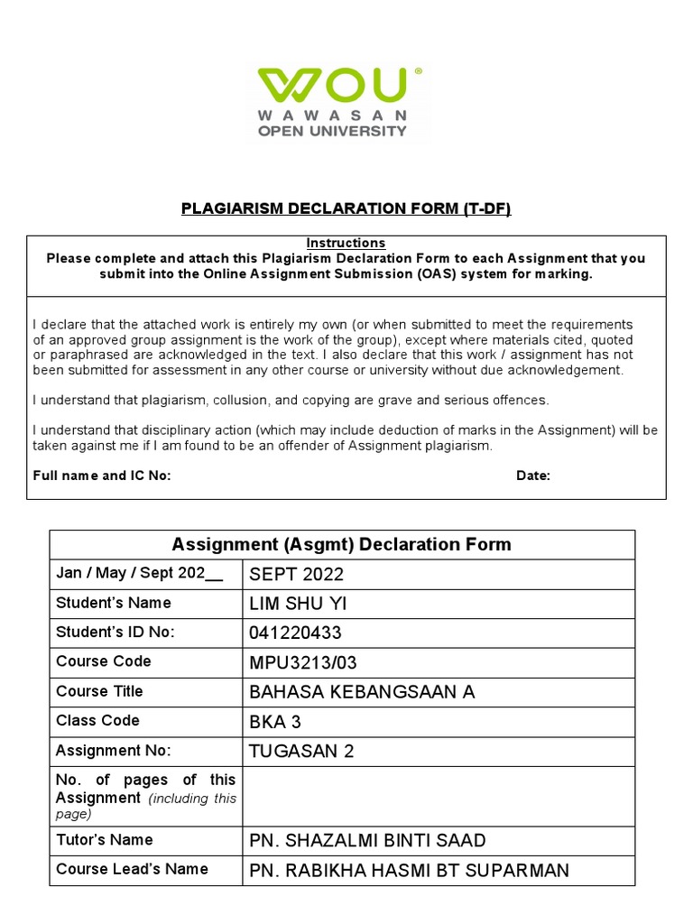 Plagiarism Declaration for Lim Shu Yi | PDF