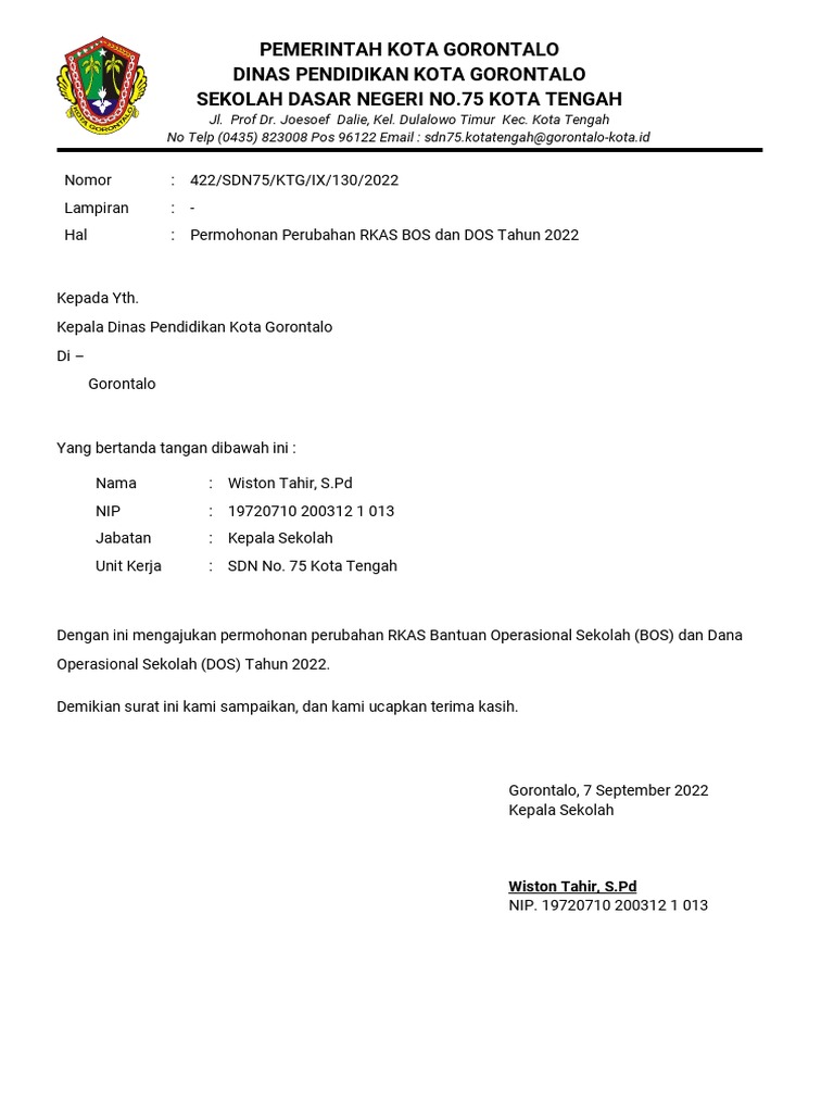 Surat Permohonan Perubahan RKAS BOS Dan DOS | PDF