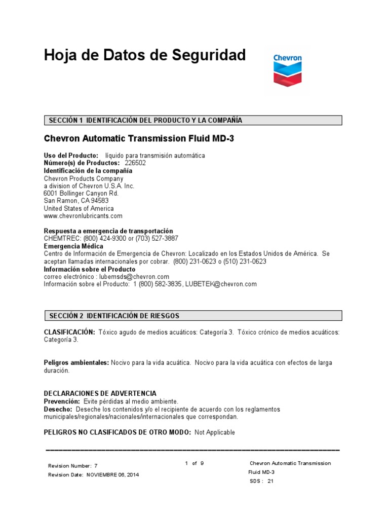MSDS - Chevron Atf MD-3 | PDF | Agua | Solubilidad