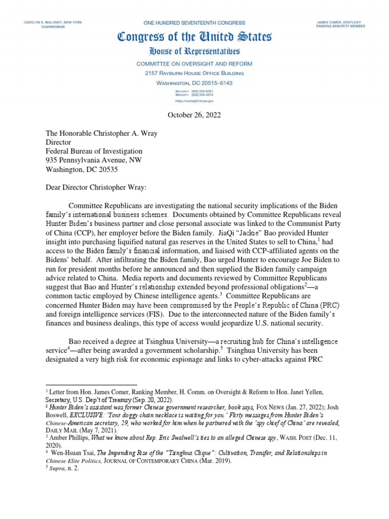 Comer To Wray - Hunter Biden and JiaQi Bao - October 26, 2022 | PDF ...