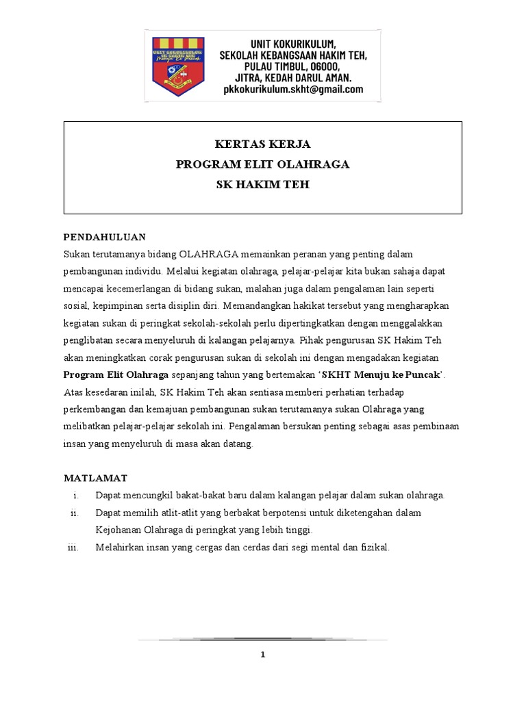 Kertas Kerja Program Elit Olahraga SKHT 2022 | PDF