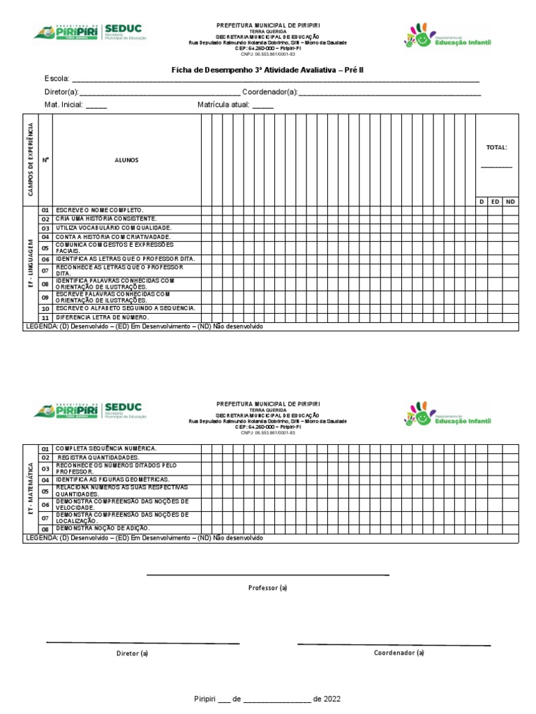 Ficha de Desempenho da 3a Atividade Avaliativa de Alunos do Pré II da ...