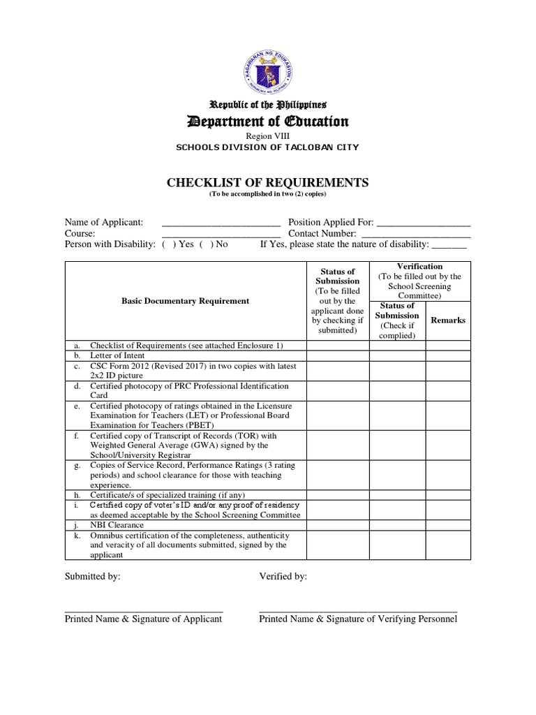 Checklist of Requirements | PDF | Signature