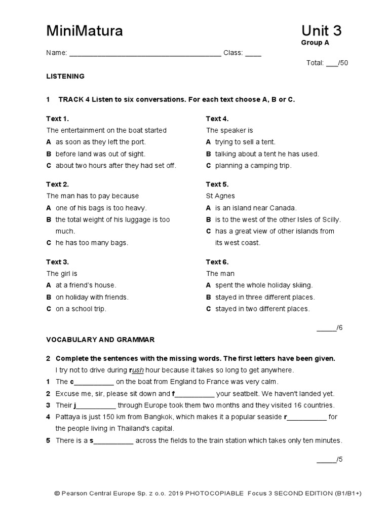 Focus3 2E MiniMatura Unit3 GroupA 1kol | PDF | Transport