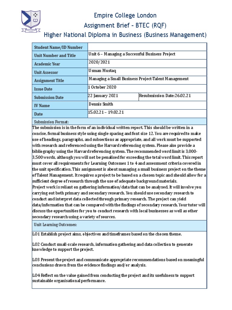 Unit 6 Managing A Successful Business Assignment Brief | PDF | Project ...