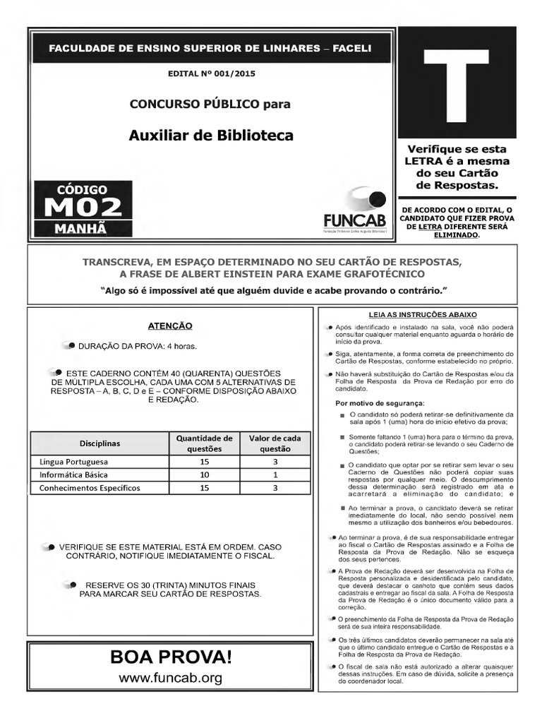 Funcab 2015 Faceli Auxiliar de Biblioteca Prova | PDF | Bibliotecas ...