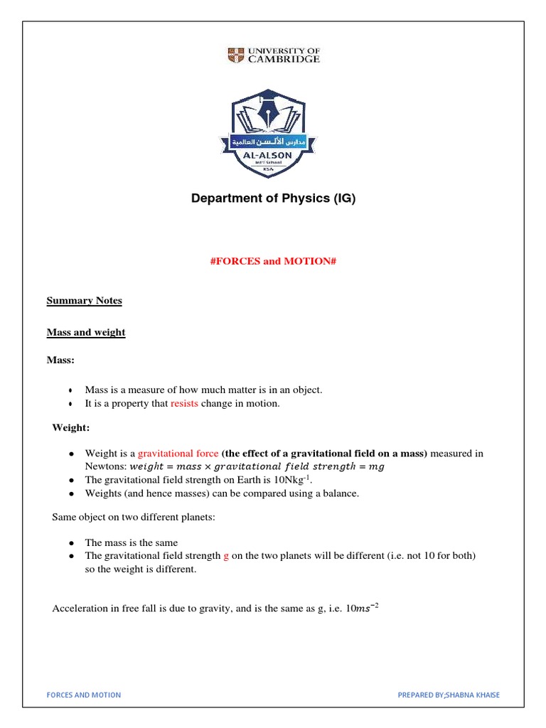 Revision-Forces and Motion-Grade 9 | PDF | Force | Weight