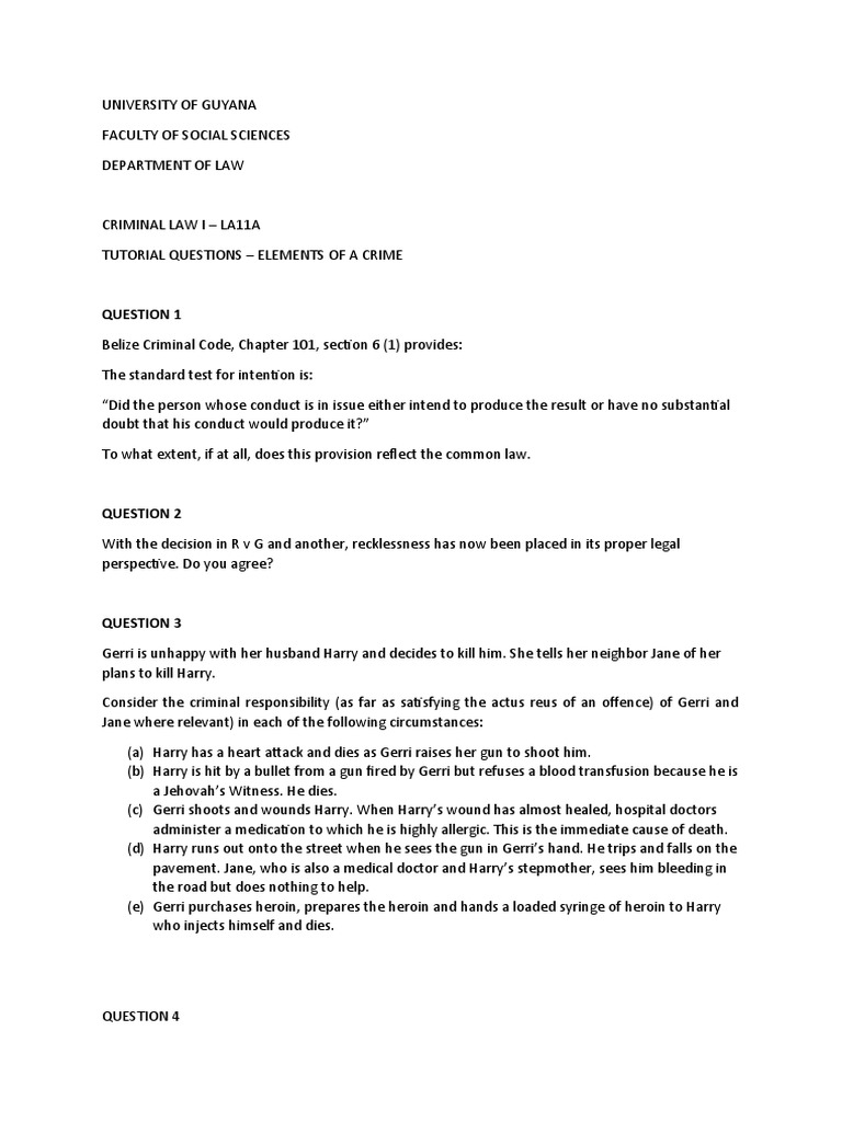 Crim I - Tutorial Questions - Elements of A Crime) | PDF | Criminal Law ...