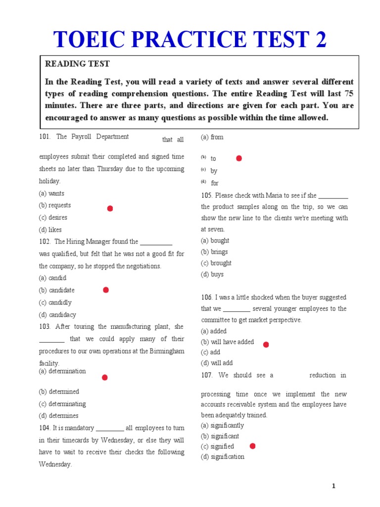 TOEIC Practice Test 2: Reading Comprehension Questions and Passages ...